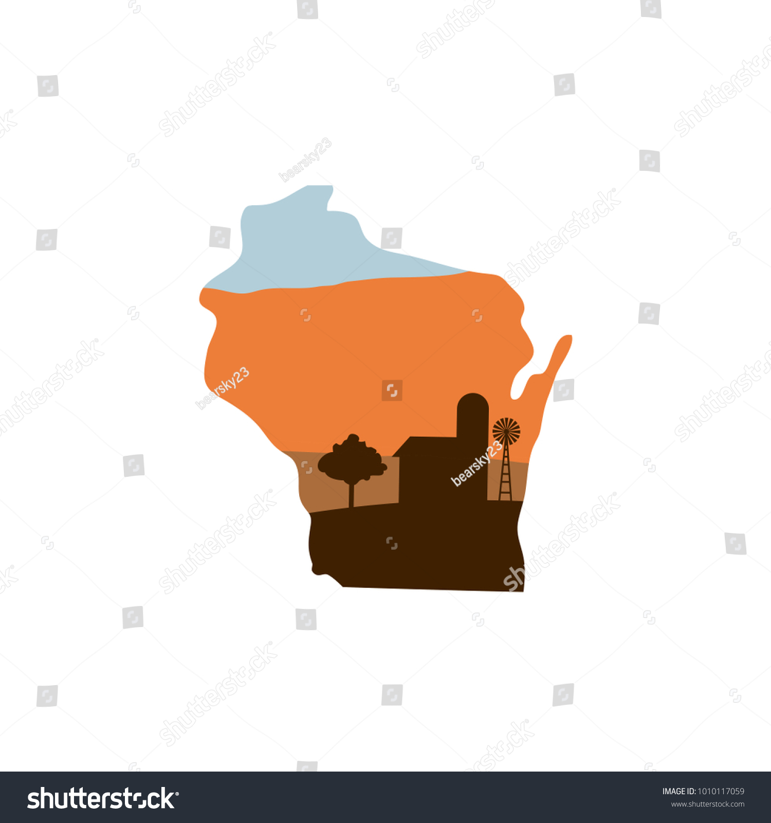 Wisconsin State Shape with Farm at Sunset that has Windmill Barn and a ...