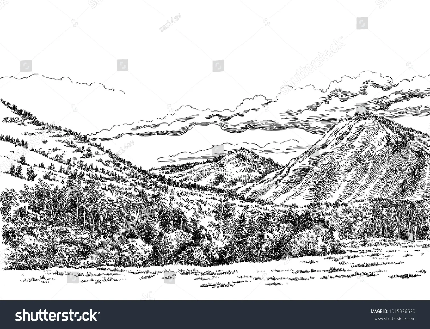 Altai nature of summer mountains field and road. Pen and ink black and ...