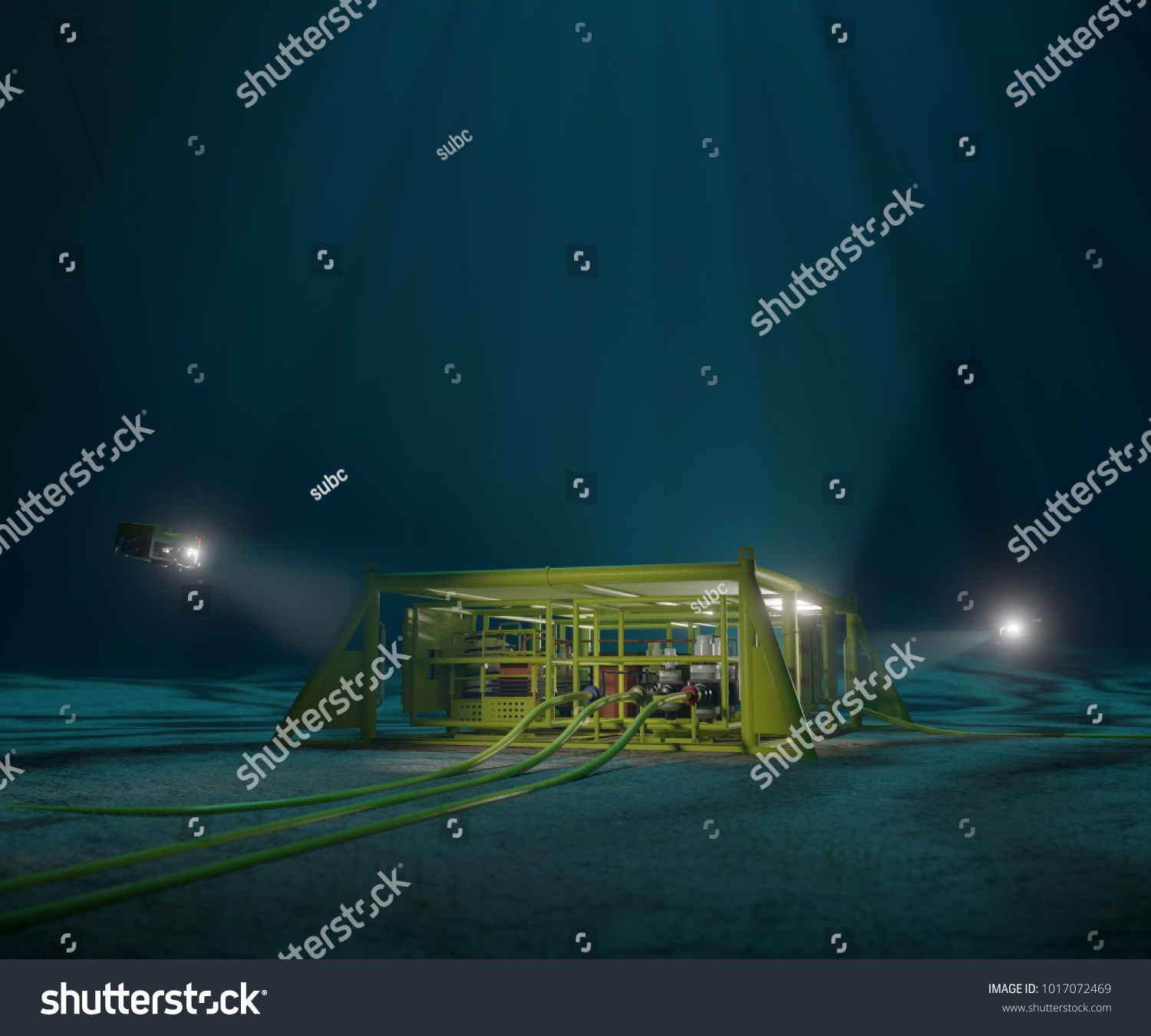3D rendering of a subsea production manifold being inspected by ROVs_站酷 ...