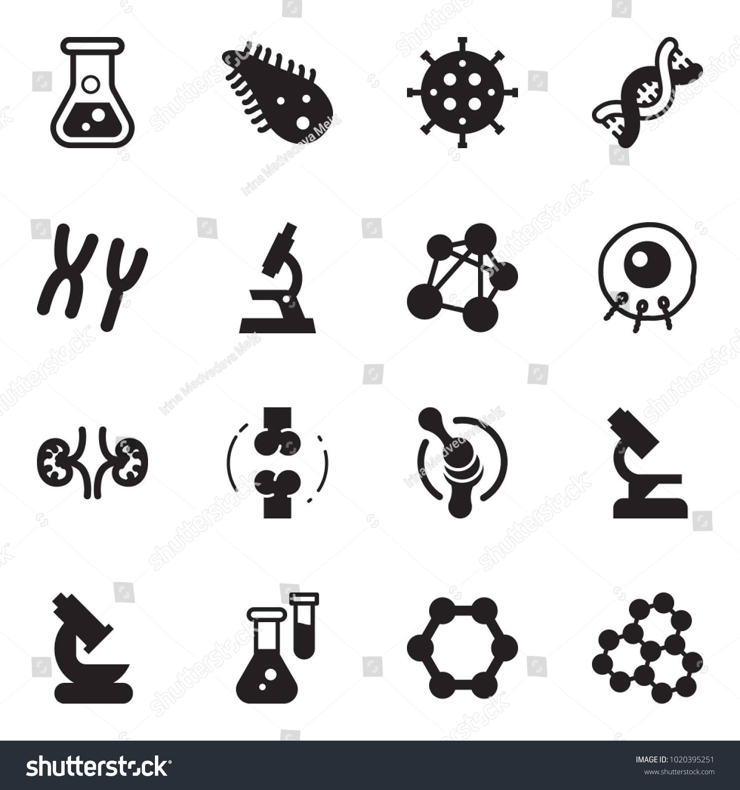 Solid black vector icon set - flask vector bactery dna chromosome ...