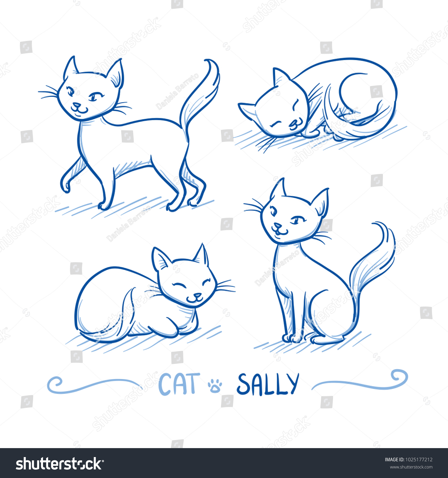 Cute Cartoon Female Cat With Happy Expression Walking Sitting Sleeping