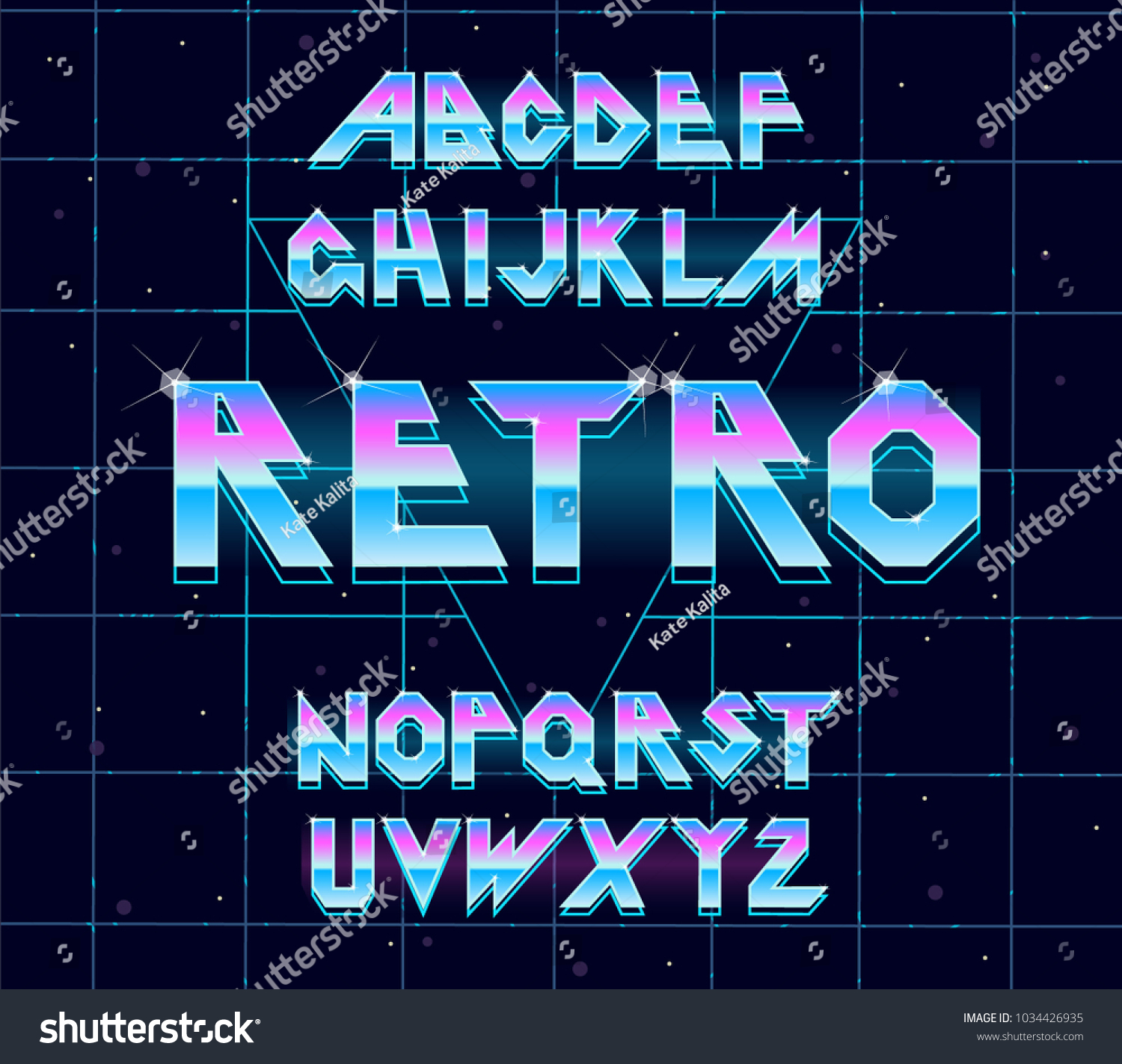 Alphabet 80s Retro Fontvector Typography For Flyers Posters Iron Effect Shiny Letters 80s