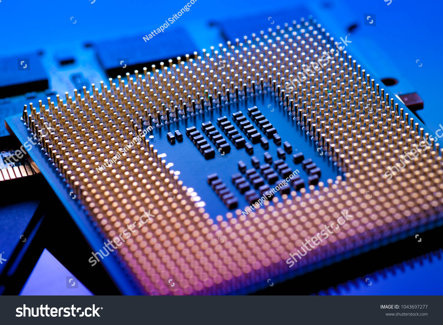 technology cyber electronic concept. cpu ram computer on blue light ...