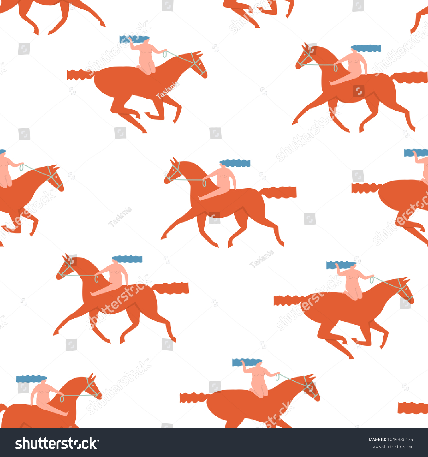 Girl riding red horses seamless pattern in vector. Funny cartoon ...