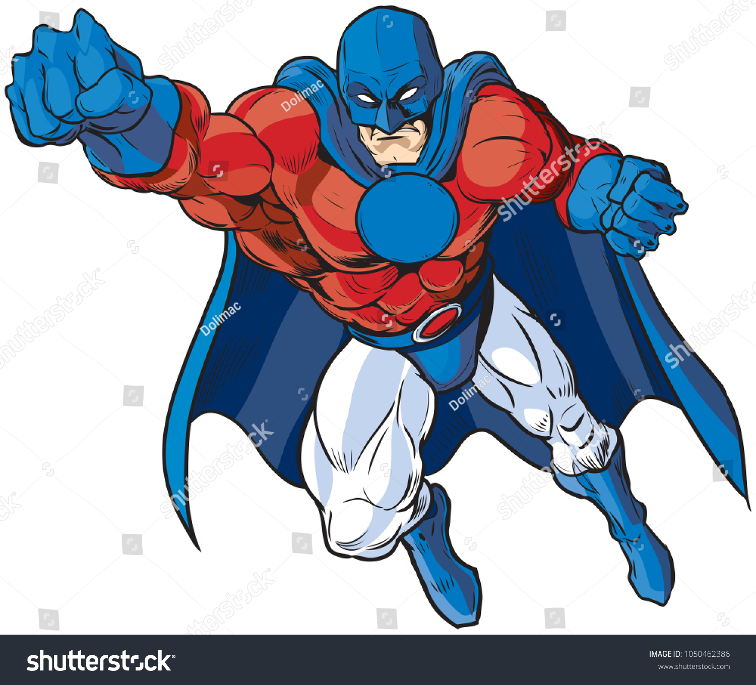 Vector cartoon clip art illustration of a muscular male superhero in a ...