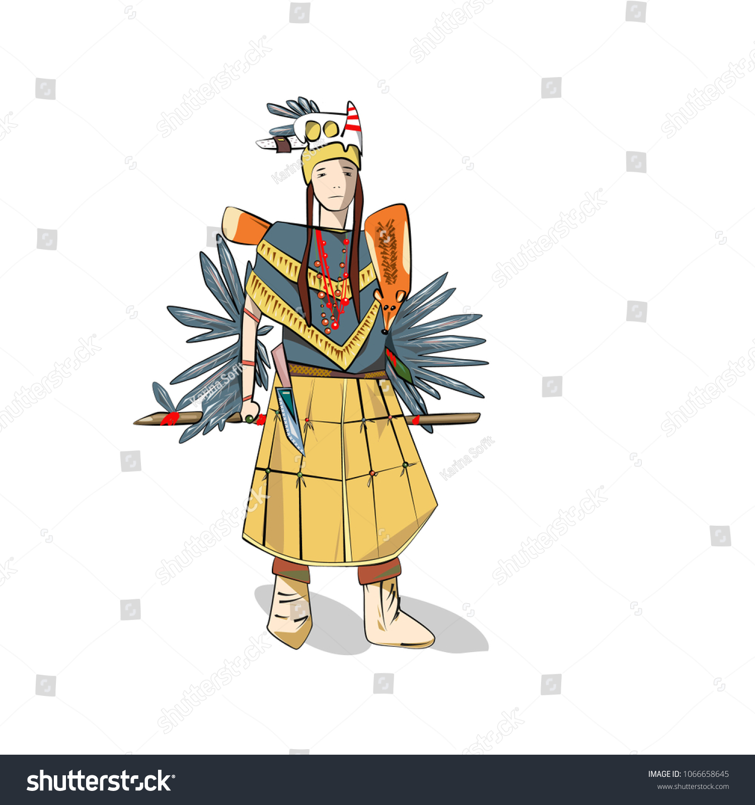 Vector illustration. Shaman in clothes for a ceremony for printing ...