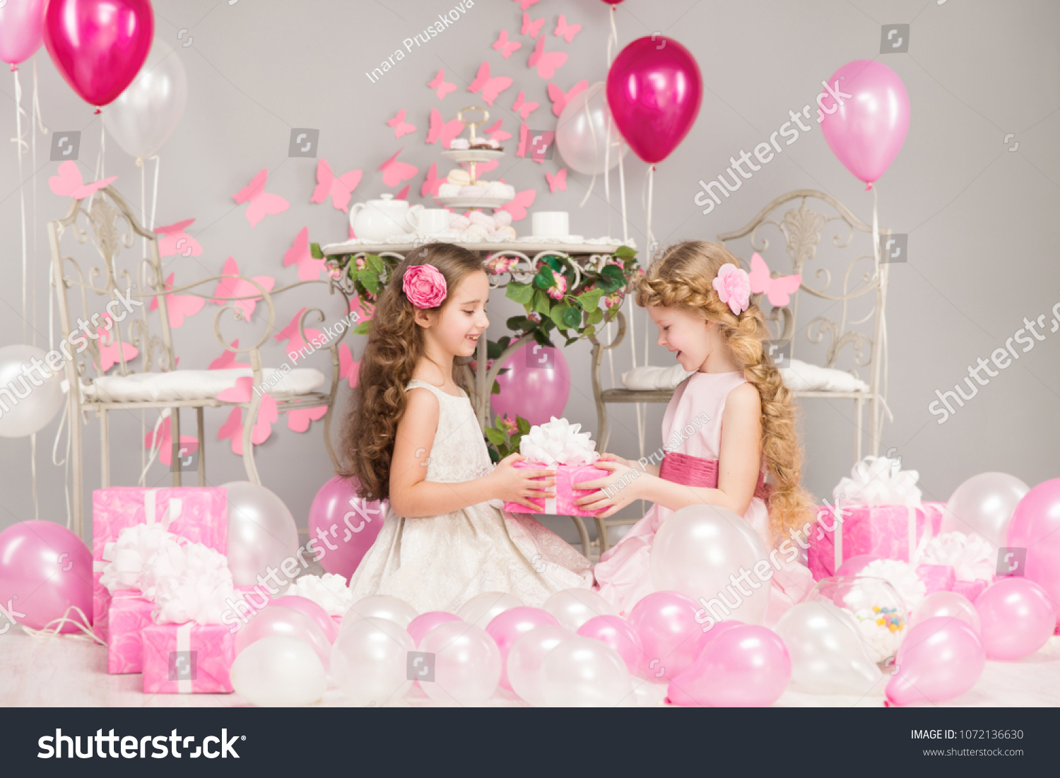 Children Birthday Party Girl Giving Present Gift Box Pink Balloons ...