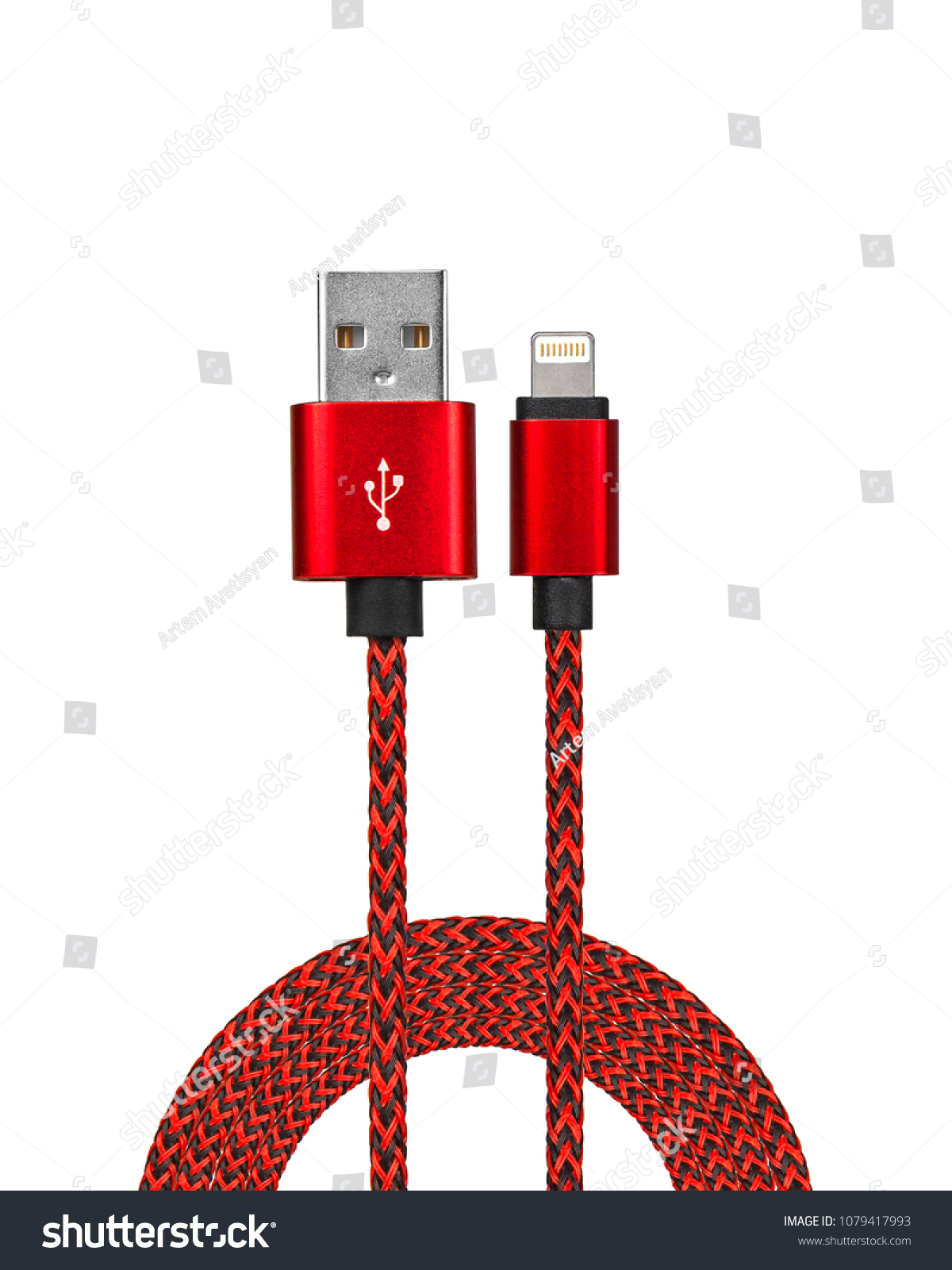 Red USB cable for phone with rounded reinforced cable isolated on white ...
