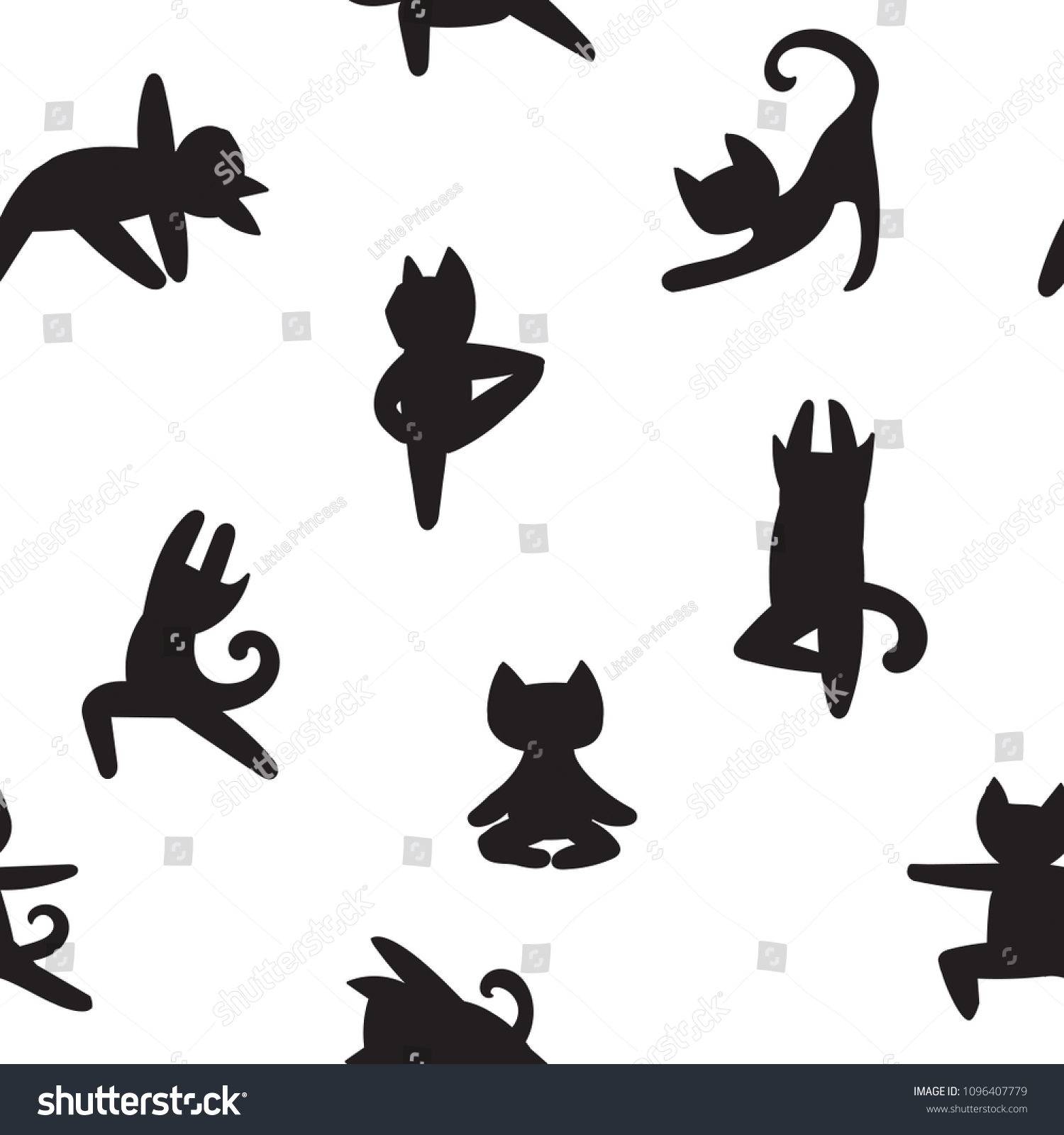 Yoga assanas seamless pattern. cat silhouette. Pilates morning ...