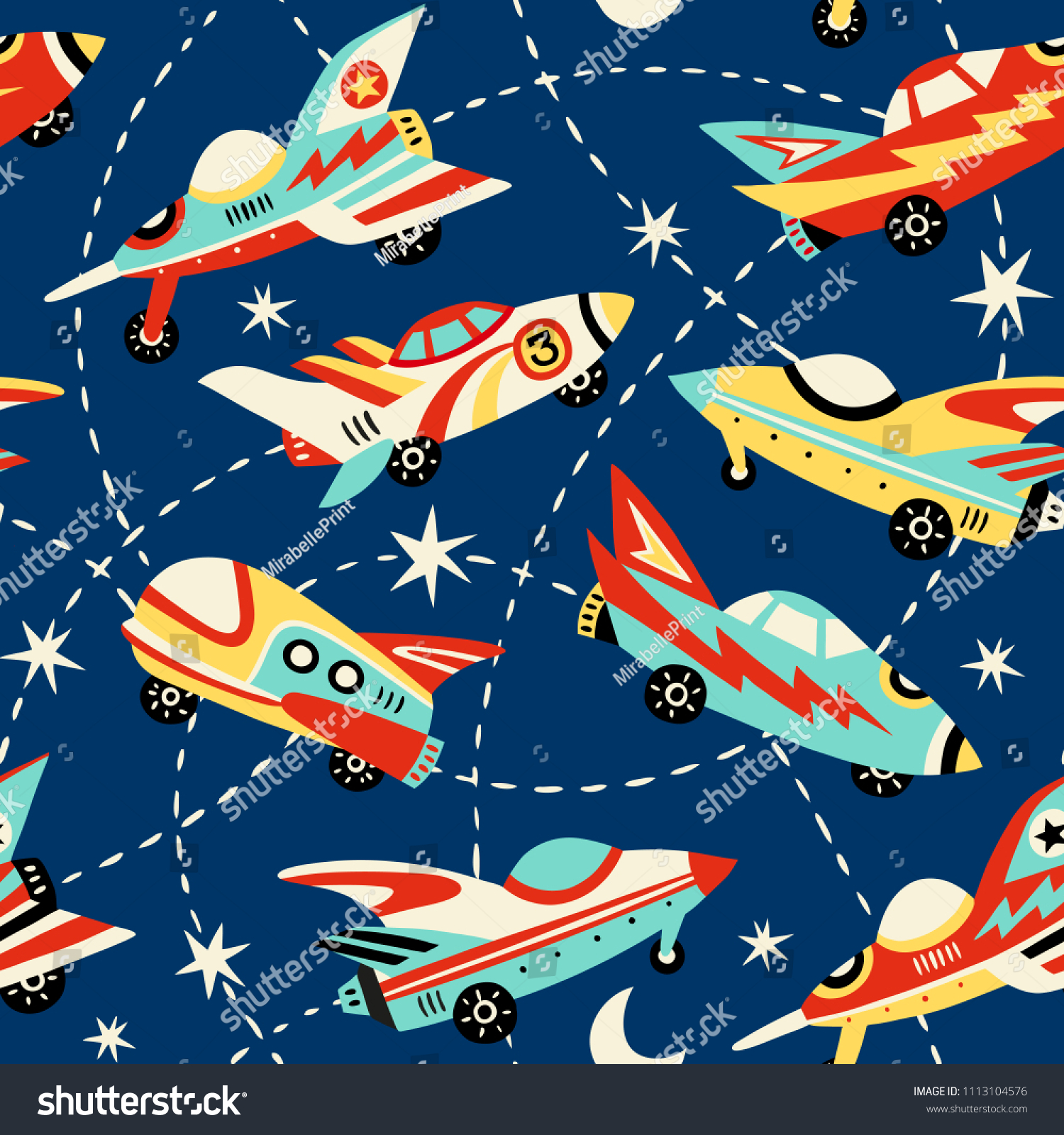 Vintage space cars seamless vector pattern on dark blue background ...