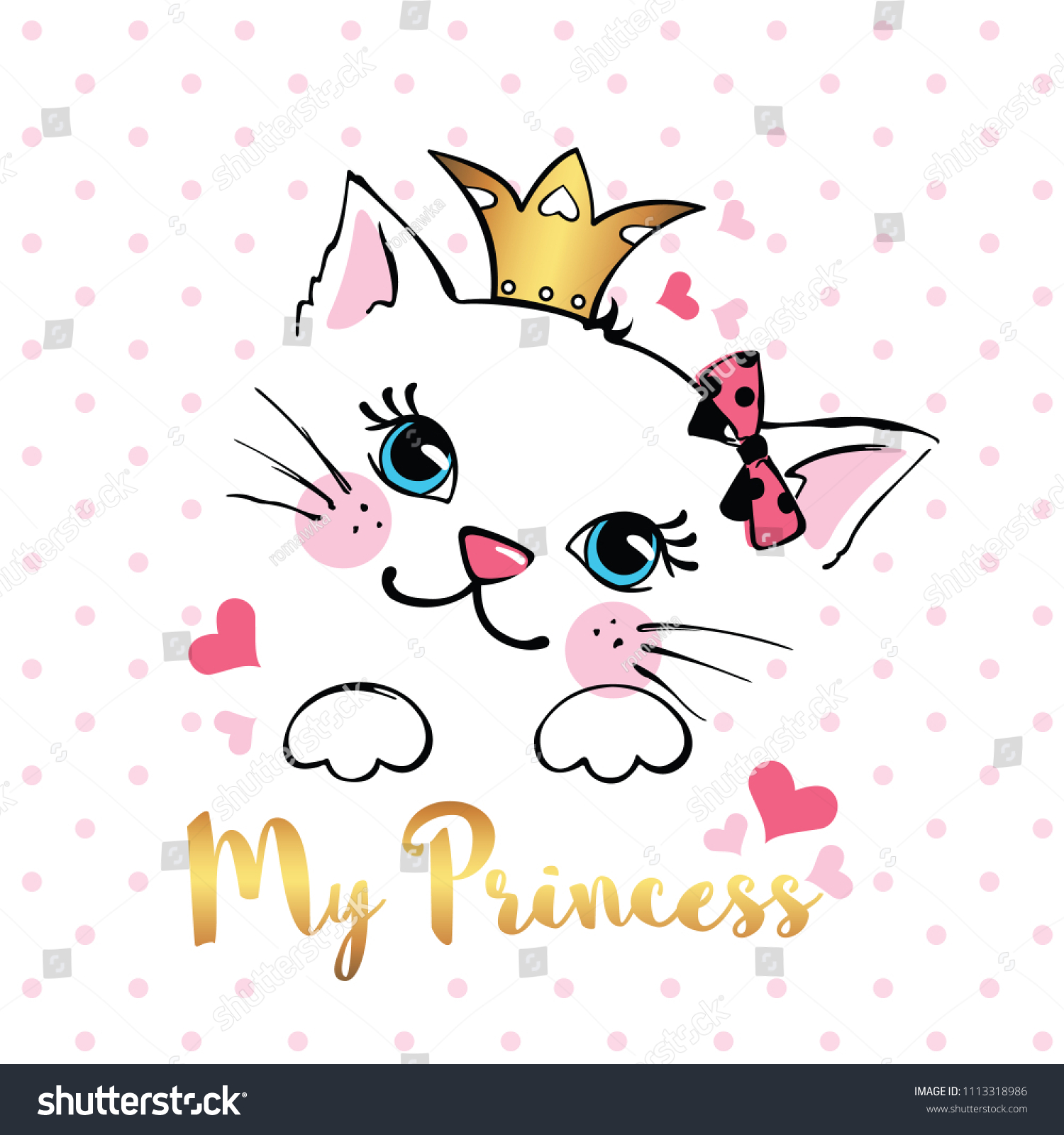 Hand drawn card with cute Princess cat . Funny cartoon kitten character ...