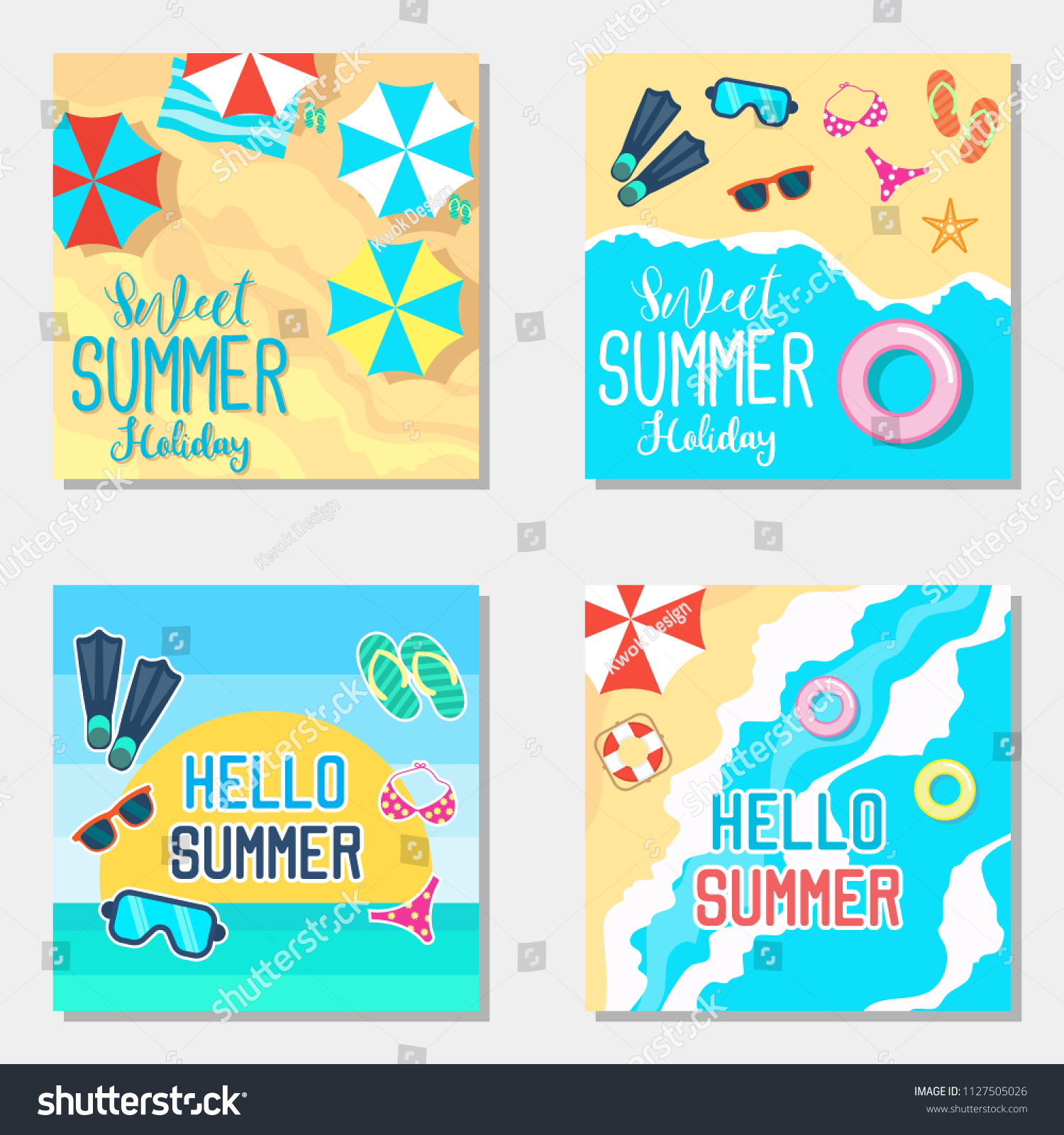 Set of fun summer holidays cards. Hello summer and sale offering vector ...