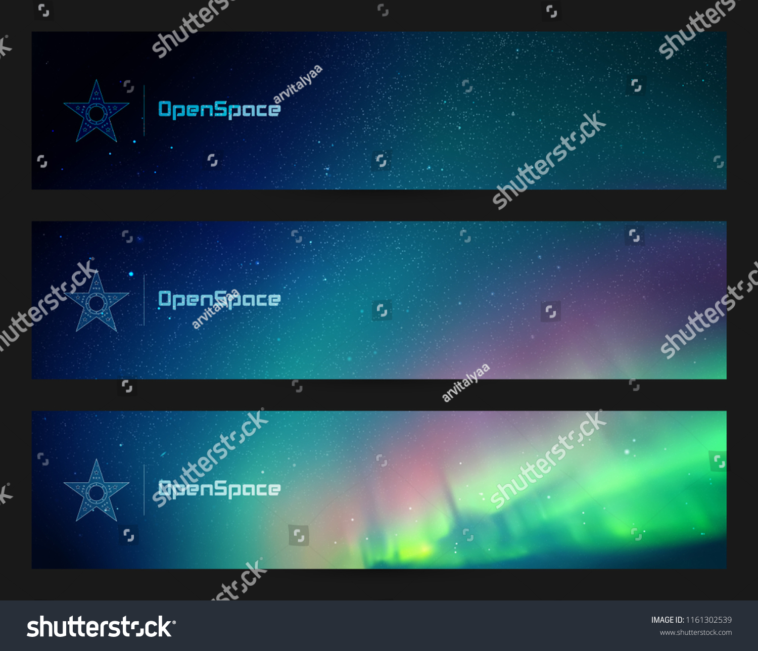 Set of horizontal banners with beautiful starry sky and Northern lights ...