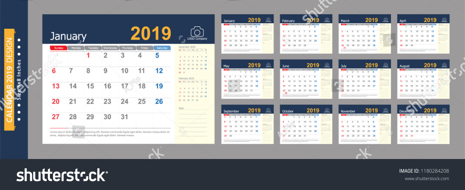 Calendar 2019 Set Desk Calendar template design with Place for Photo ...