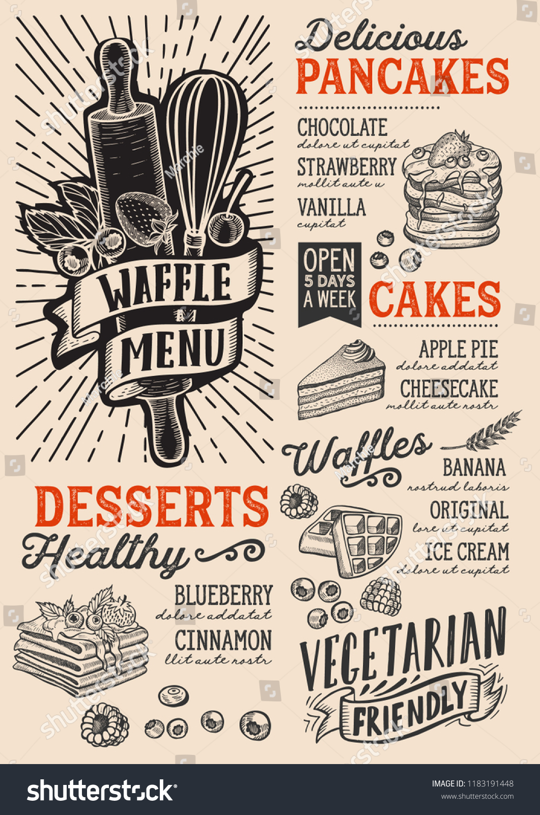 Waffle and pancake menu template for restaurant on a beige background ...