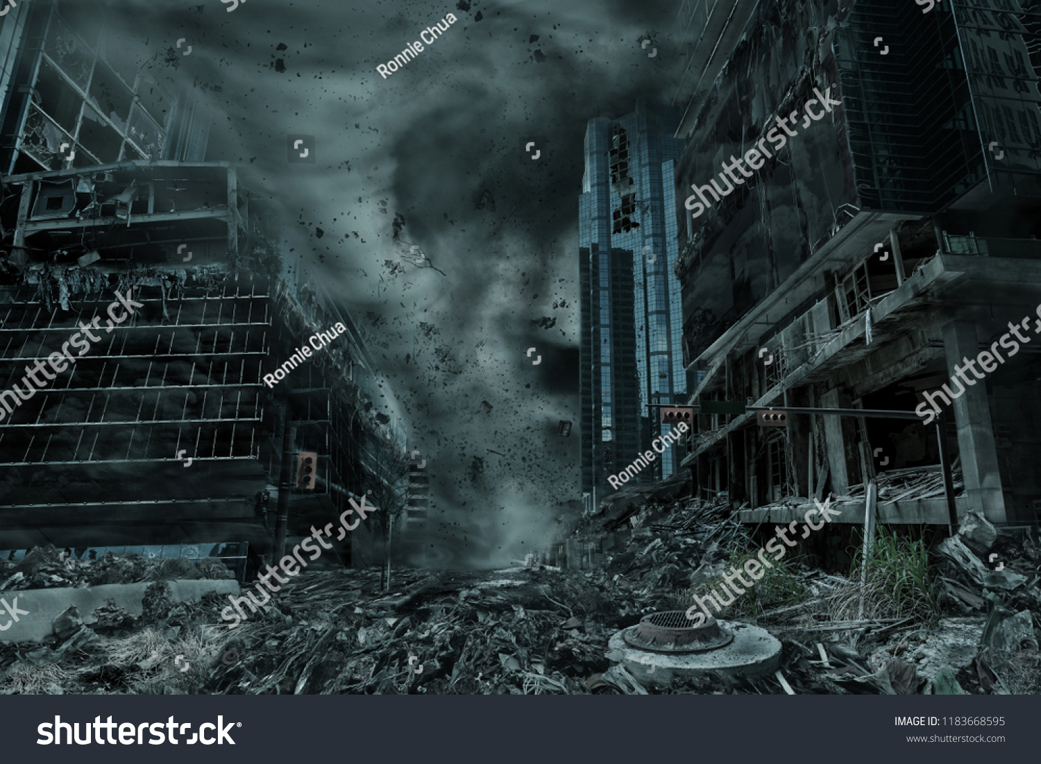 A cinematic portrayal of a city destroyed by a typhoon hurricane or ...