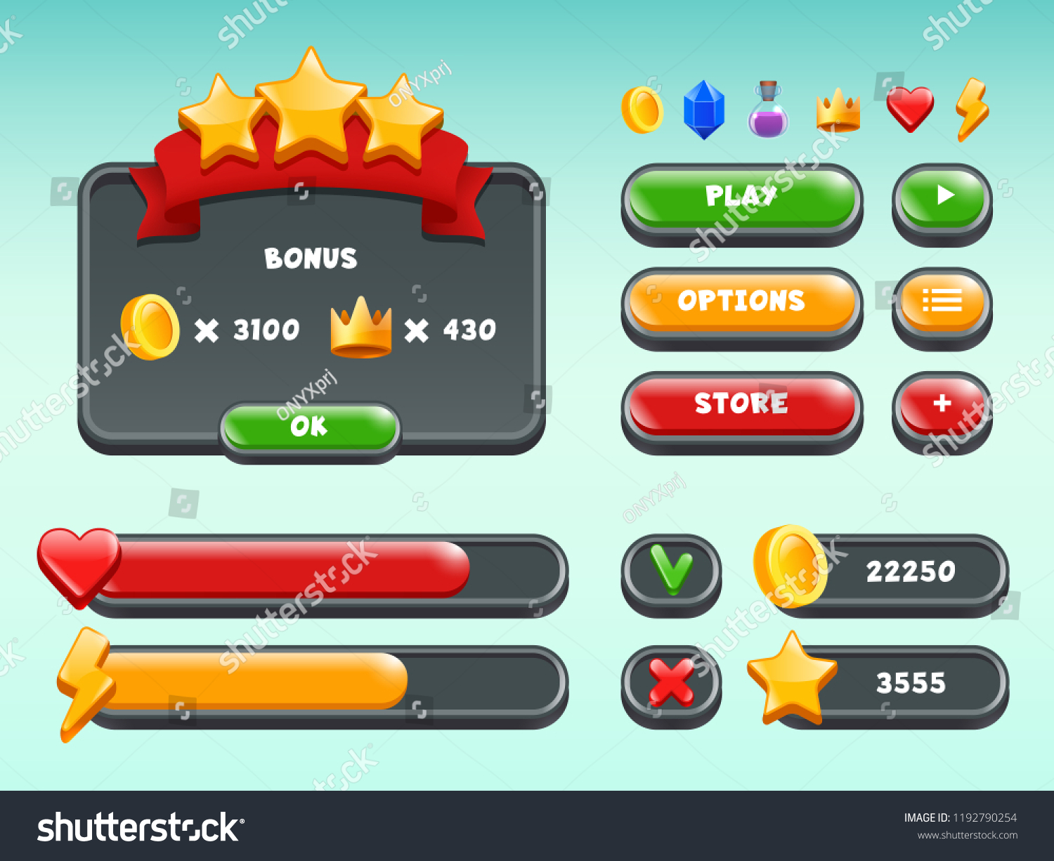 Games gui set. Mobile gaming user interface icons and items colored button status bar ribbons ...