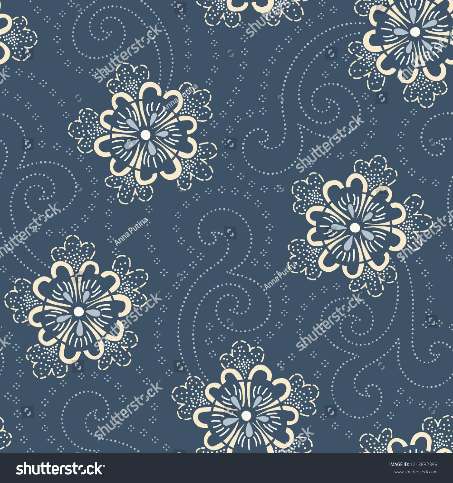Indigo Hand-Drawn Japanese Floral Vector Seamless Pattern. Traditional ...