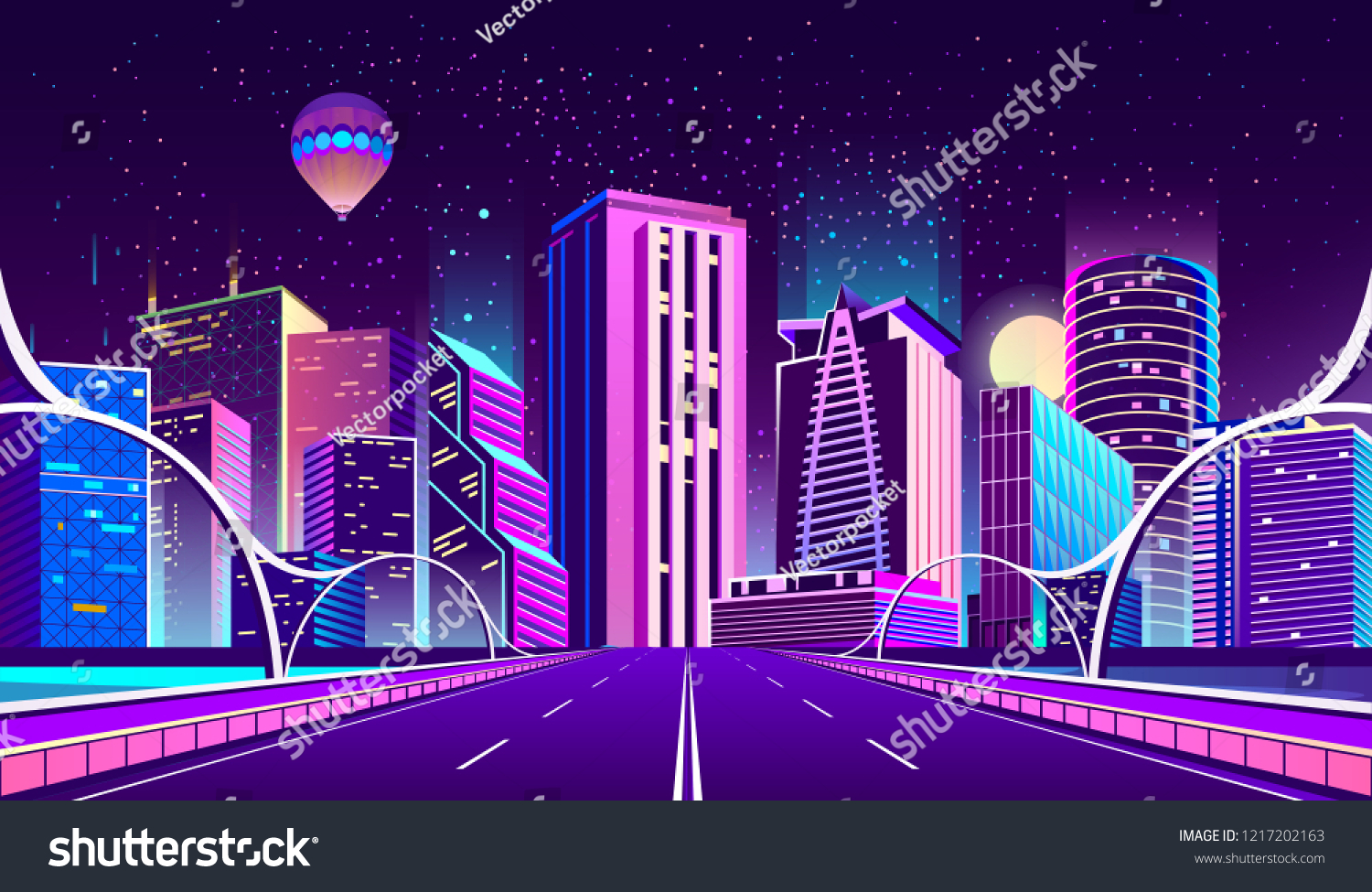 Vector concept background with night city illuminated with neon glowing ...