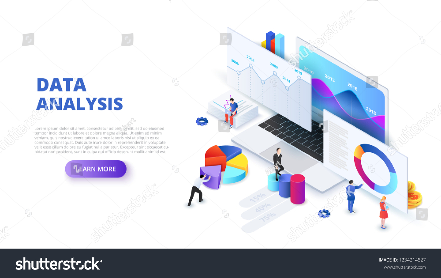 Data analysis design concept with people and laptop. Isometric vector ...