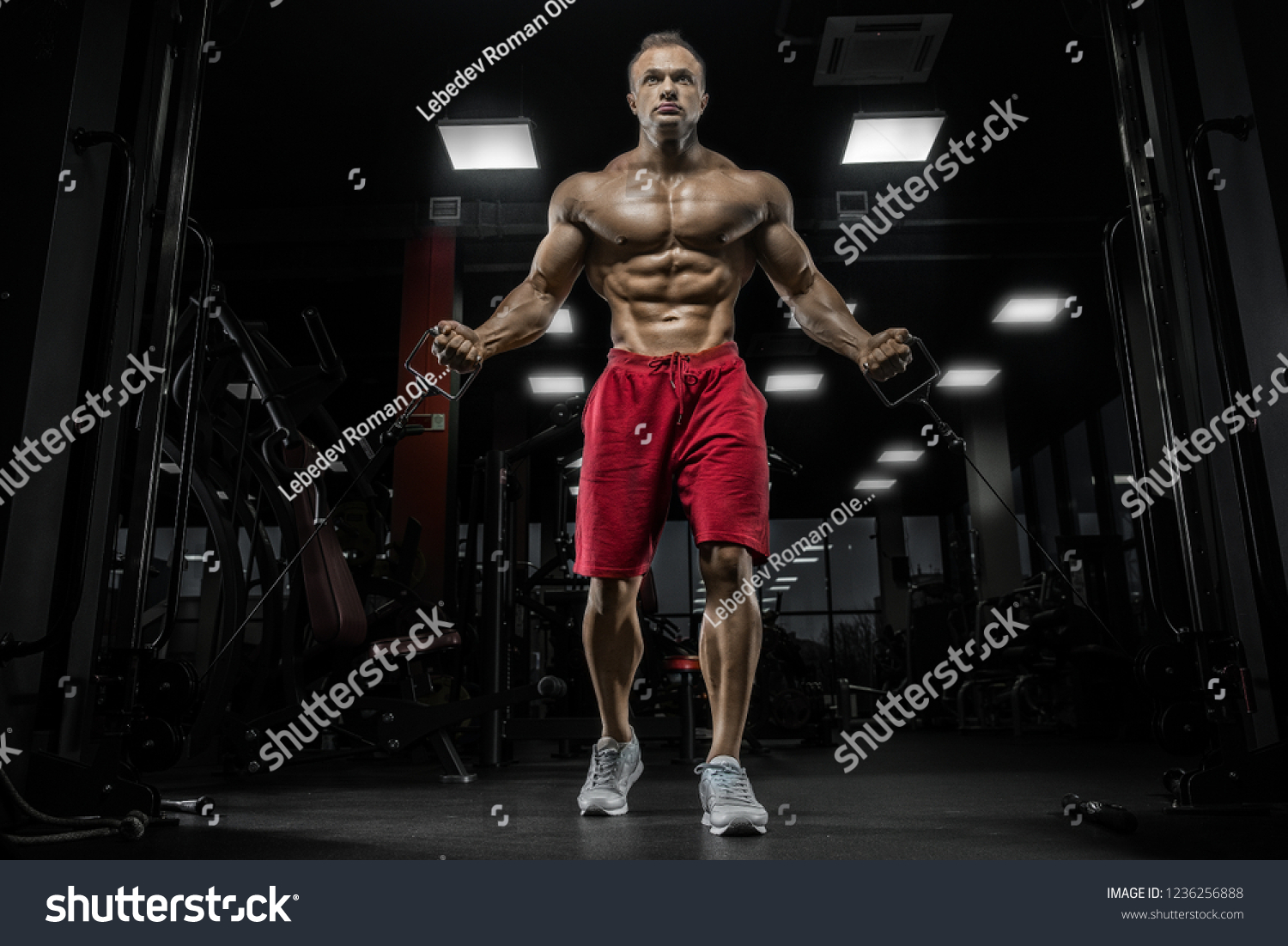 Muscular athletic bodybuilder fitness model posing after exercises in ...