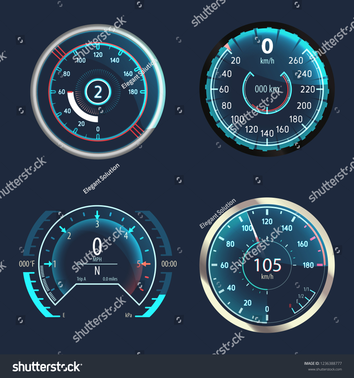 Automobile modern speedometer or set of isolated car odometer analog ...