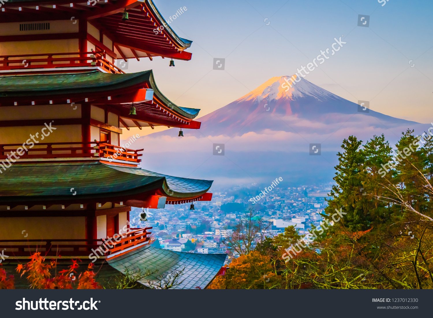 Beautiful landscape of mountain fuji with chureito pagoda around maple ...