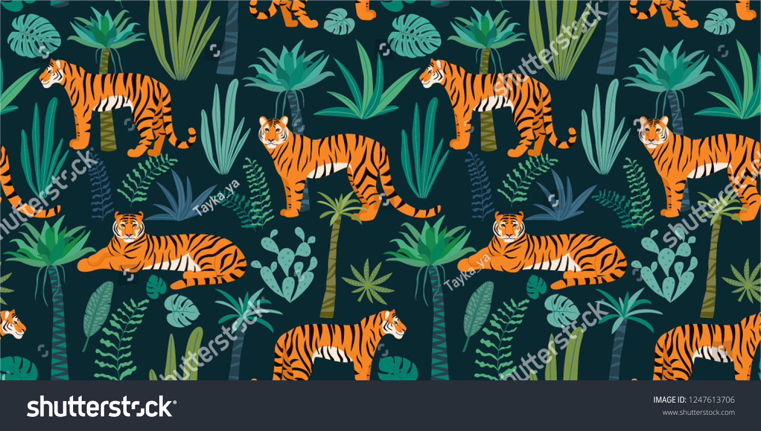Tiger pattern with tropical leaves. Vector seamless texture._站酷海洛_正版图片 ...