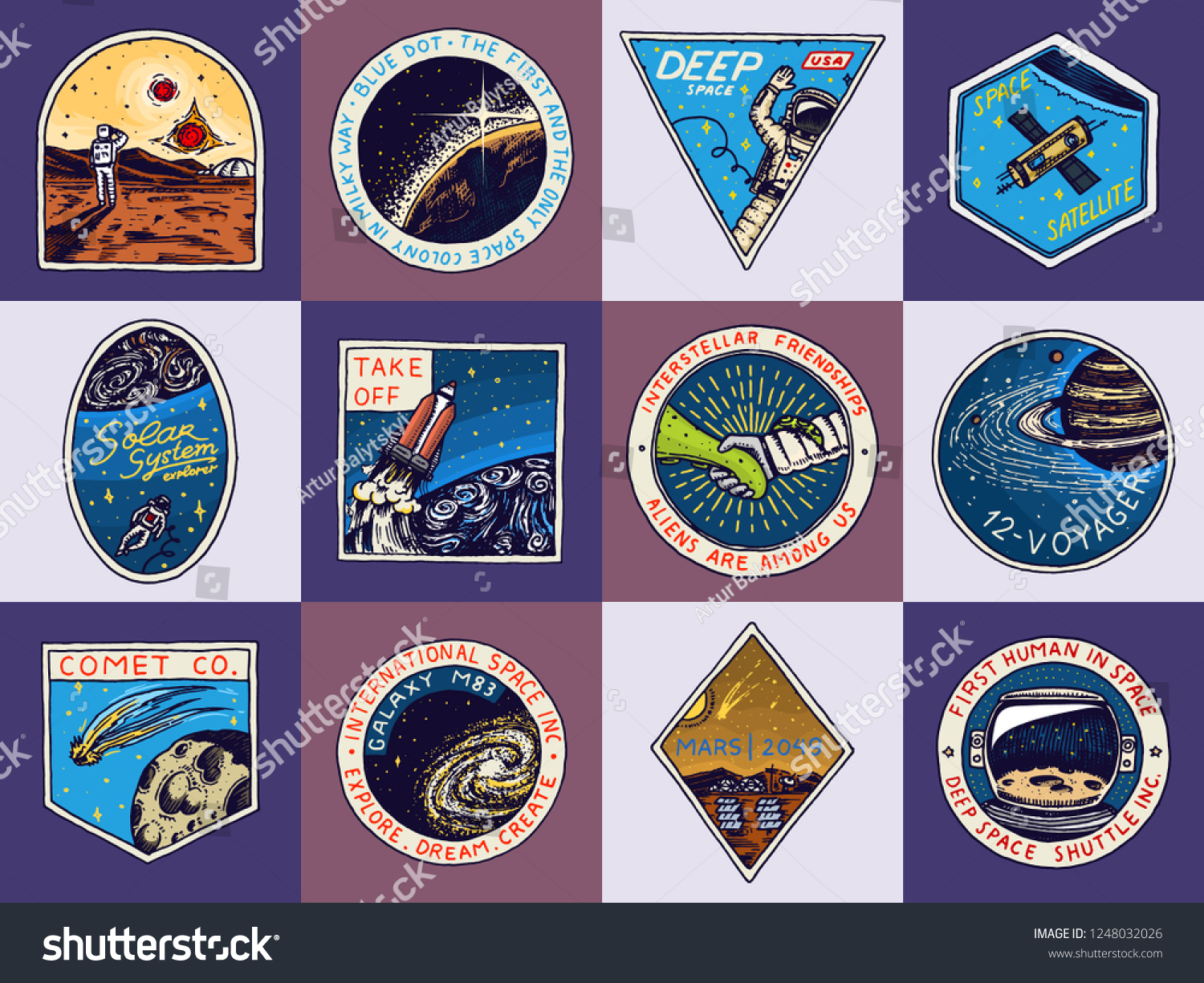 Set of Space logo. Human mission to Mars. Exploration of the ...