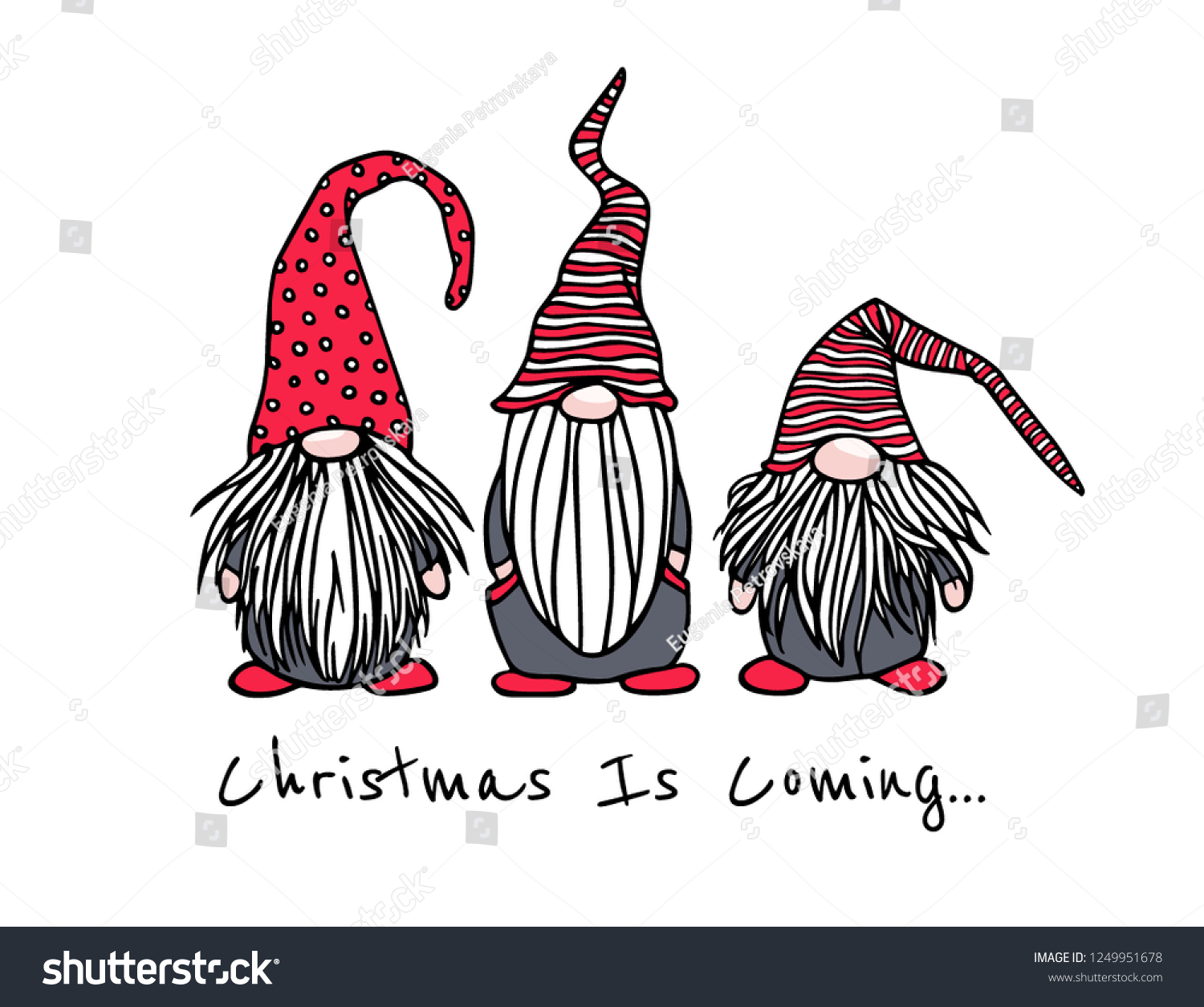 Vector Christmas card with hand drawn cute nisse in high caps. Ink ...