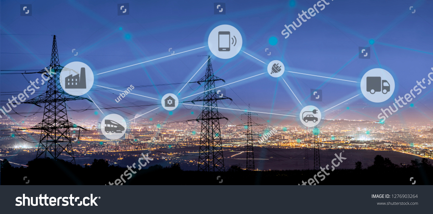 High power electricity poles connected to smart grid. Energy supply ...