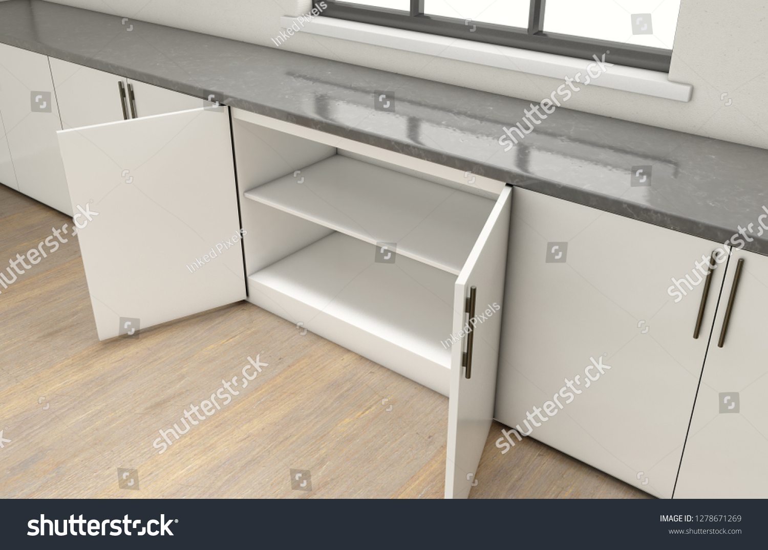 An interior of a very clean empty kitchen with a row of built in ...