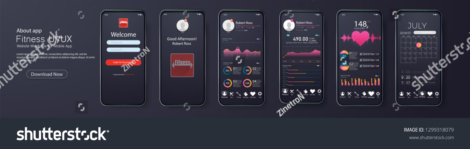 Different UI UX GUI screens fitness app and flat web icons for mobile apps responsive website ...