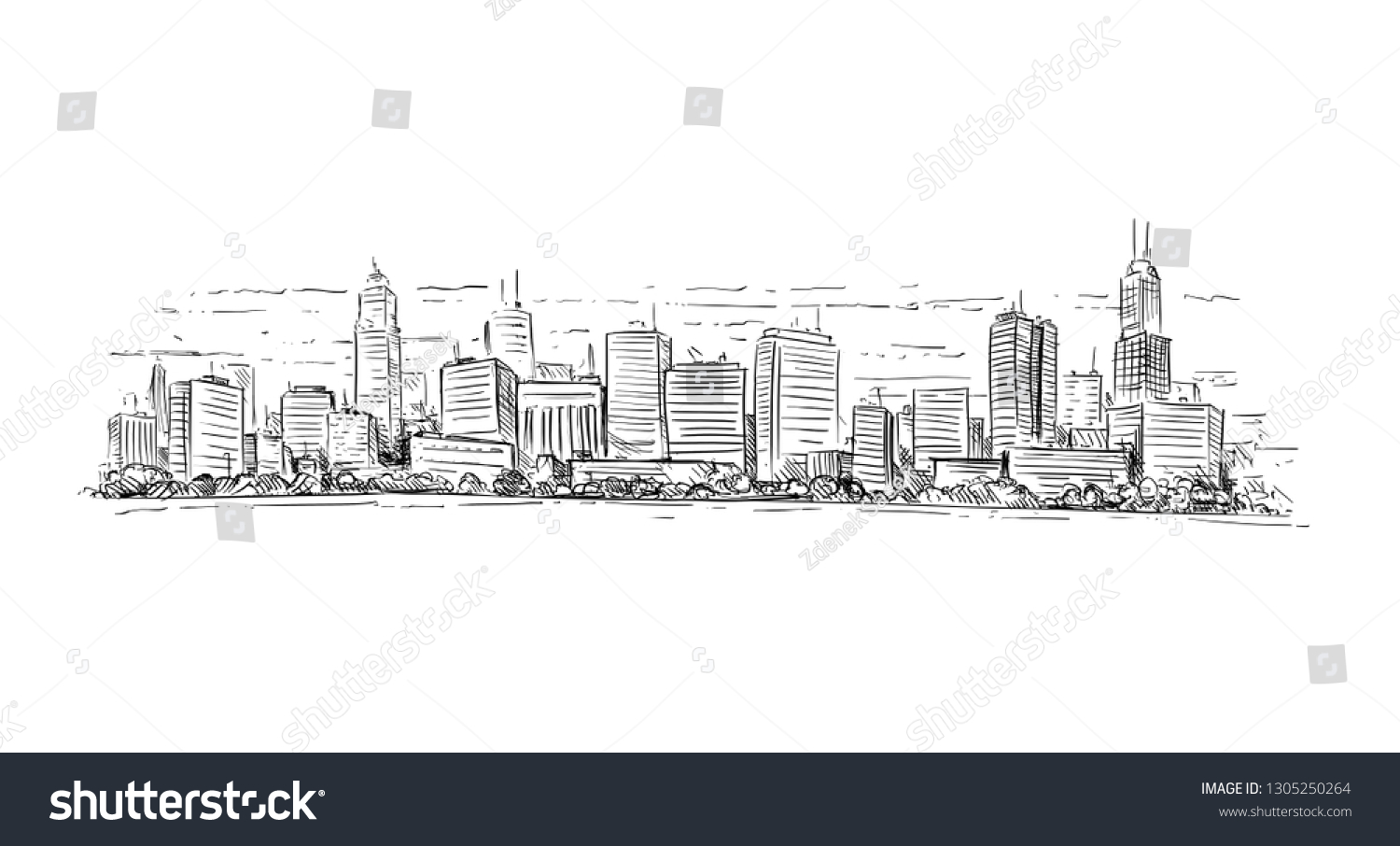 Artistic sketchy pen and ink drawing illustration of generic city high ...