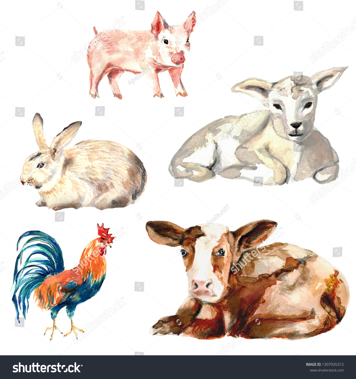 Farms animal set. Cute domestic pets watercolor. Calf rooster sheep pig ...