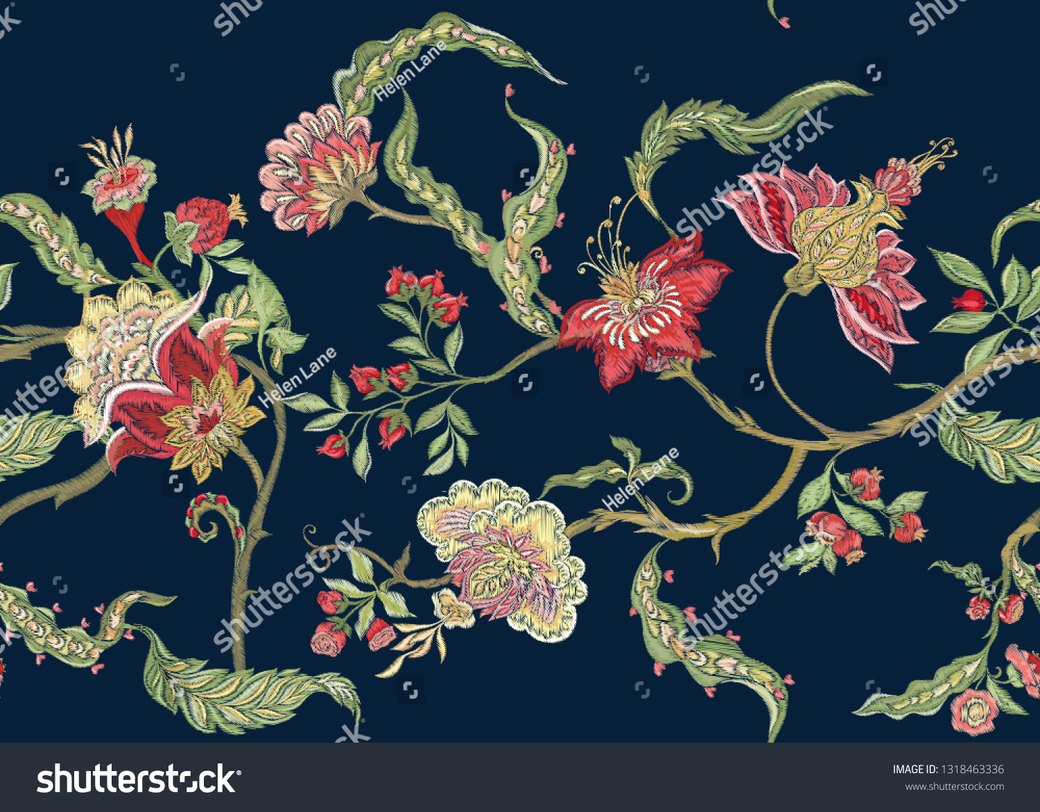 Fantasy floral seamless pattern in jacobean embroidery imitation ...