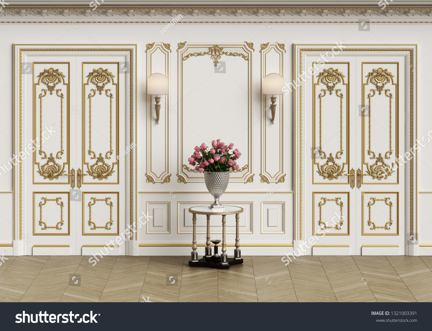 Classic armchairs and table with vase of roses in classic interior with ...