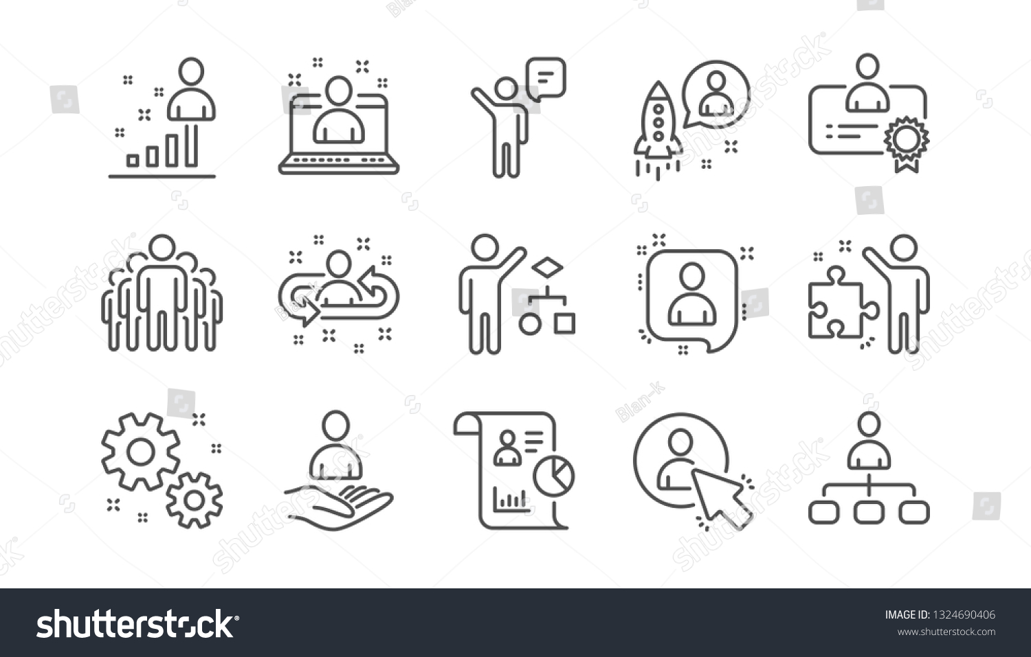 Management line icons. Business people Algorithm and Group. Startup strategy linear icon set ...
