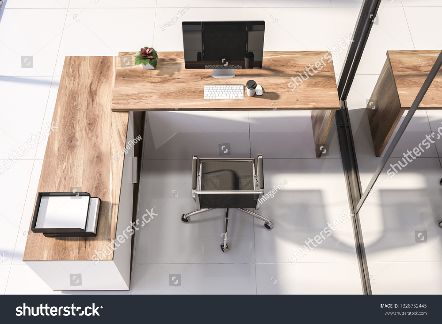 Top view of wooden and white manager office table with computer on it ...