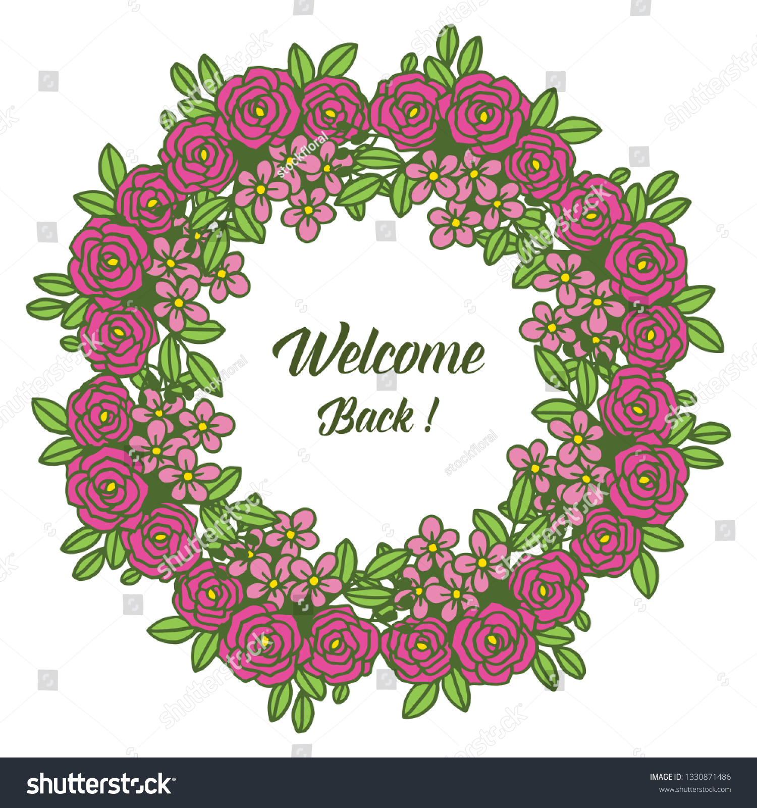 Vector illustration welcome card with ornate pink flower frame blooms ...