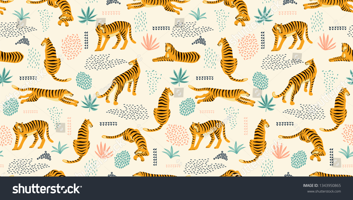 Seamless exotic pattern with tigers and abstract elements. Vector hand ...