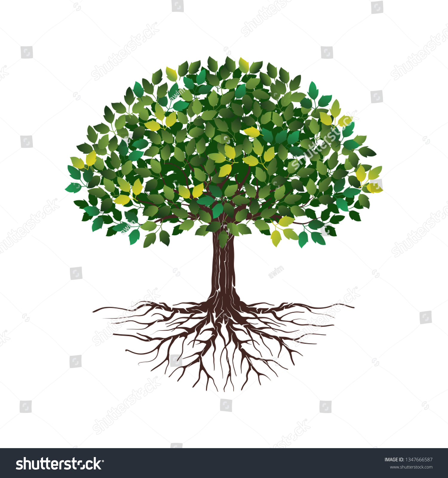 Vector illustration of a tree shape with roots and green leaves_站酷海洛_正版 ...