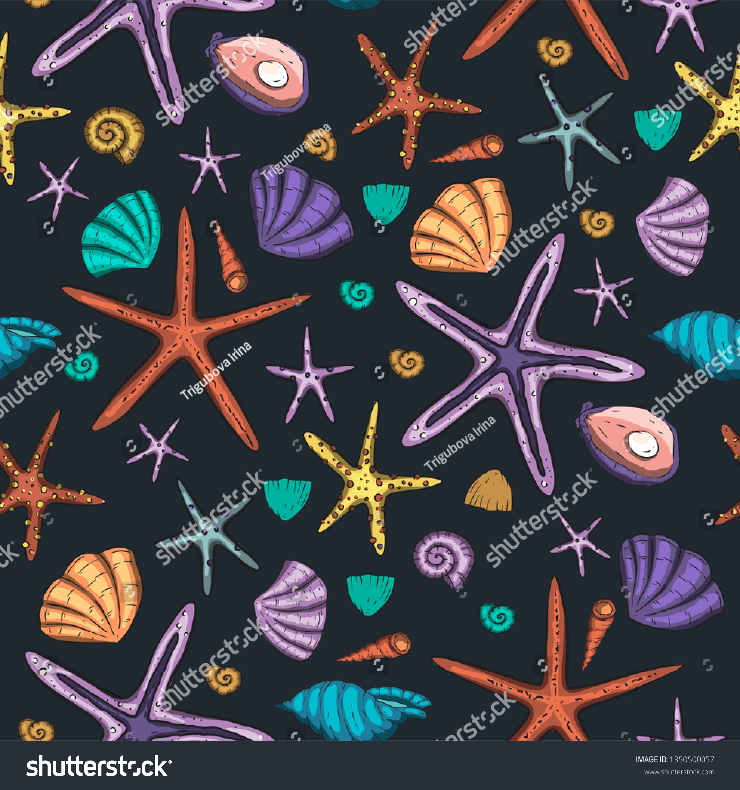 Sea seamless vector pattern. Ocean tropical exotic illustration with sea shells and sea stars in ...