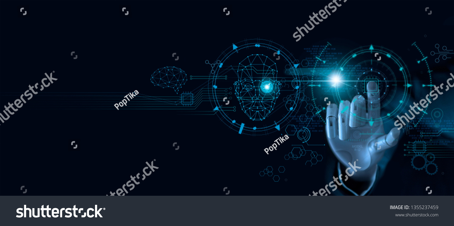 Machine learning. Hand robot touching computer chip and binary data. Futuristic Artificial ...