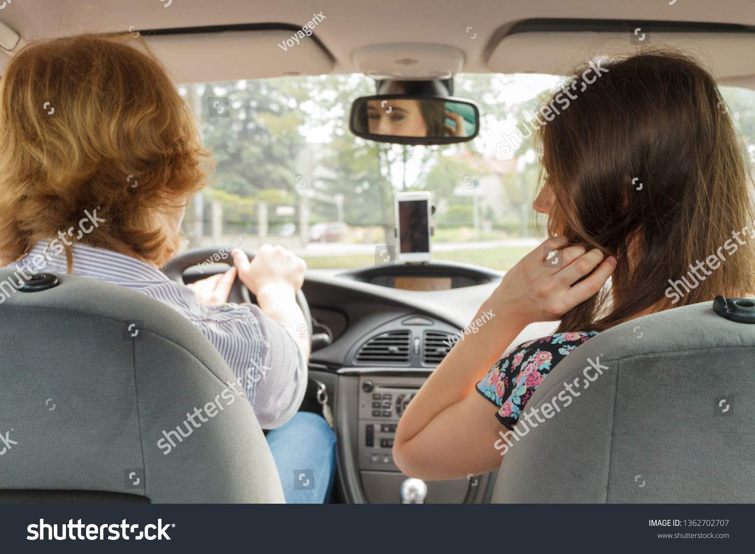 Man and woman during traveling trip. Couple friends sitting inside ...