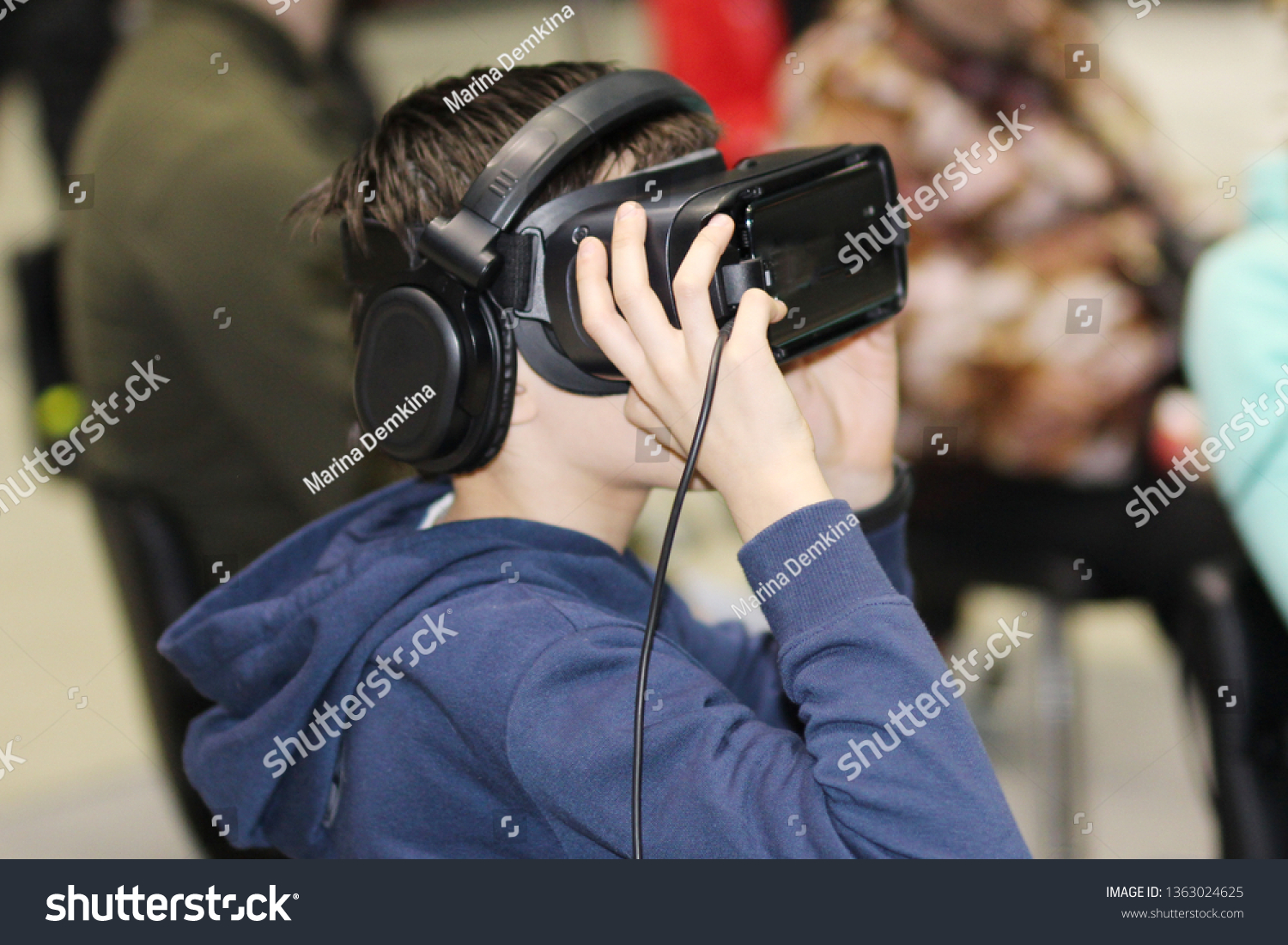 Virtual reality glasses with headphones. Goggles-helmet additional ...
