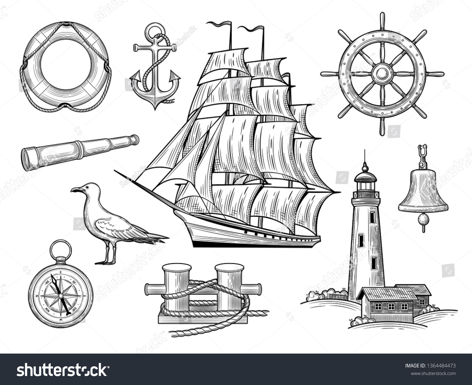 A set of sea adventures. Anchor wheel caravel bollard gull bell ...