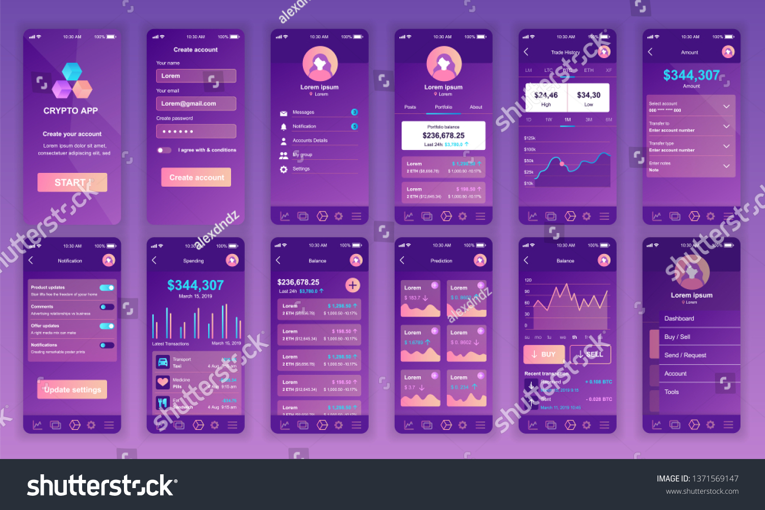 Set of UI UX GUI screens Cryptocurrency app flat design template for mobile apps responsive ...