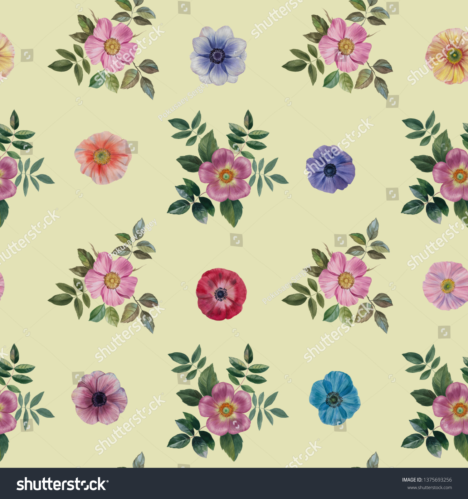 Seamless watercolor flowers pattern. Hand painted flowers of different ...