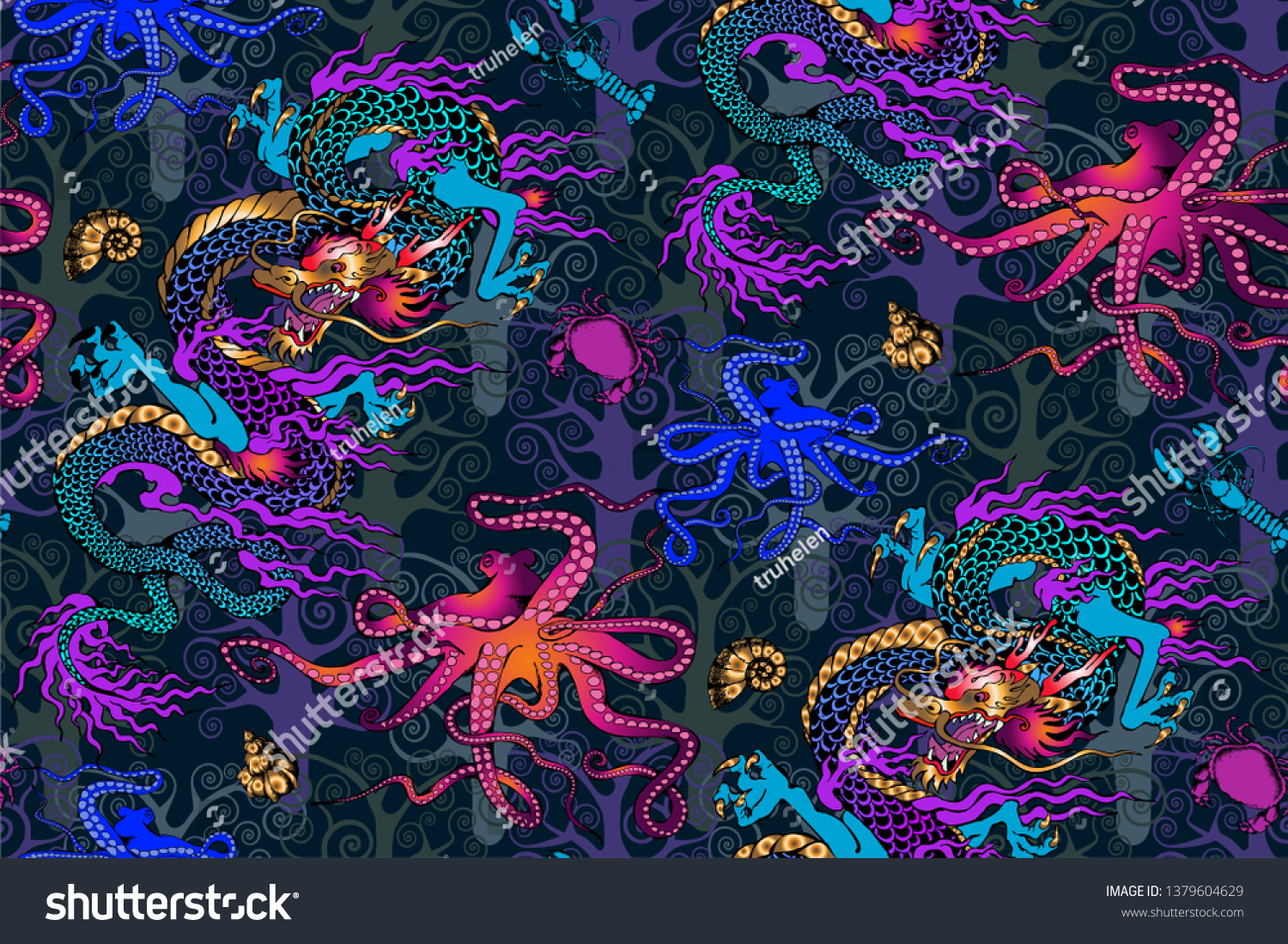Pattern of dragon octopus and sea voyages. Vector illustration ...